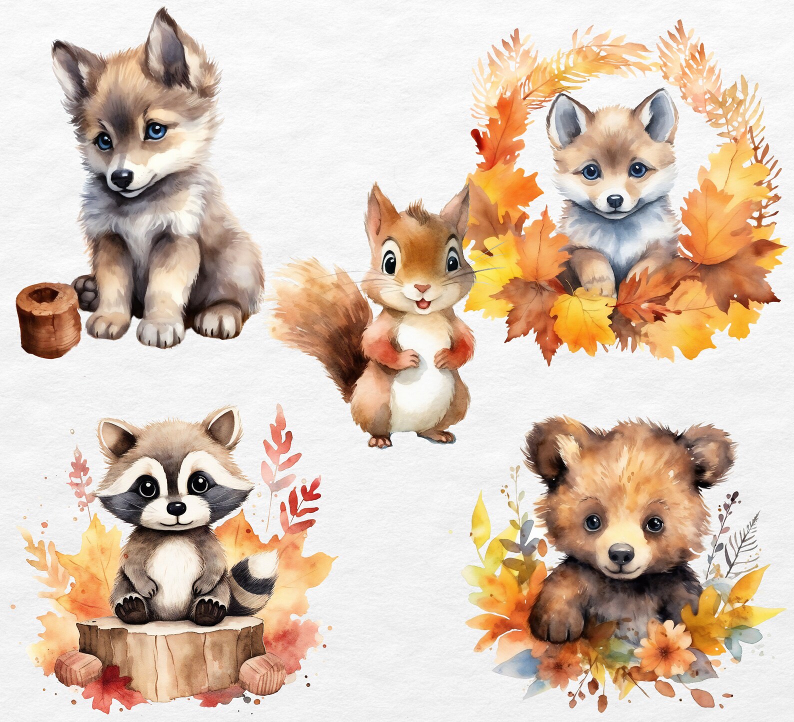 Fall Woodland Baby Animals Watercolor Clipart |fall Png | Nursery Decor ...