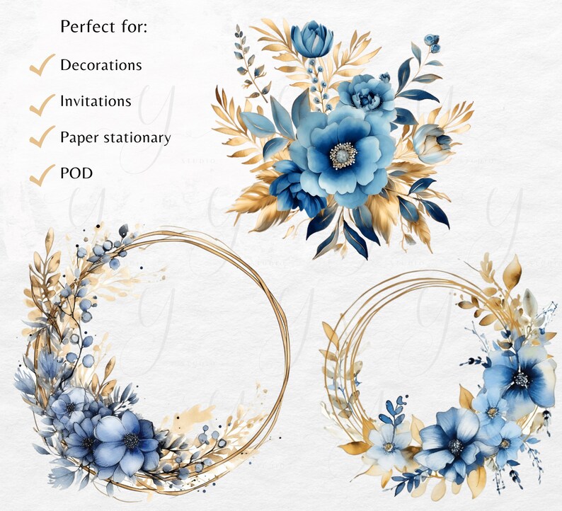 Boho Blue Gold Flowers Clipart Bundle Watercolor Wedding - Etsy