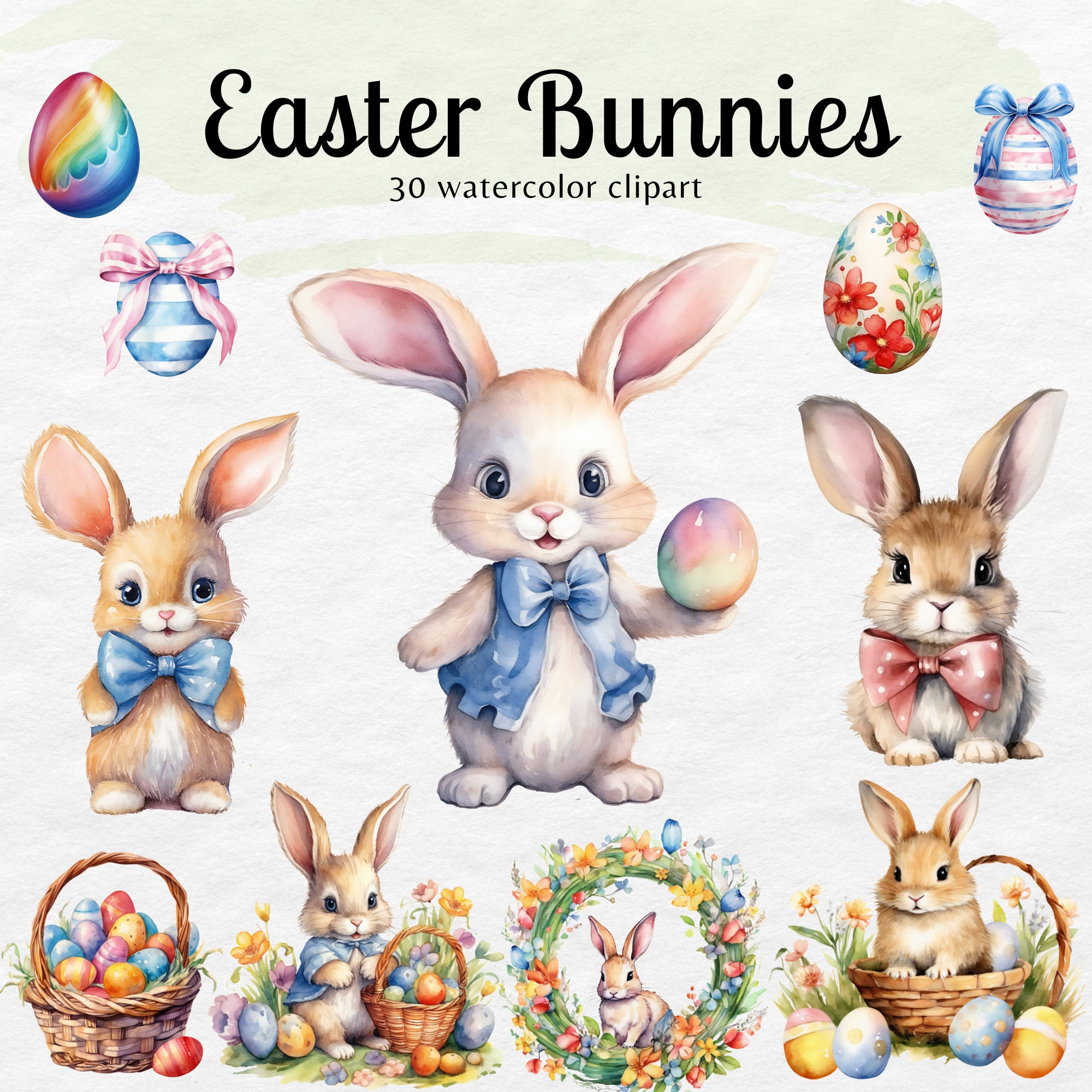 Cute Easter Bunny Clipart Pastel Watercolor Spring Bunnies Digital ...