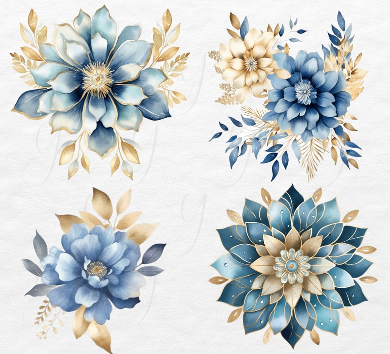 Boho Blue Gold Flowers Clipart Bundle Watercolor Wedding - Etsy