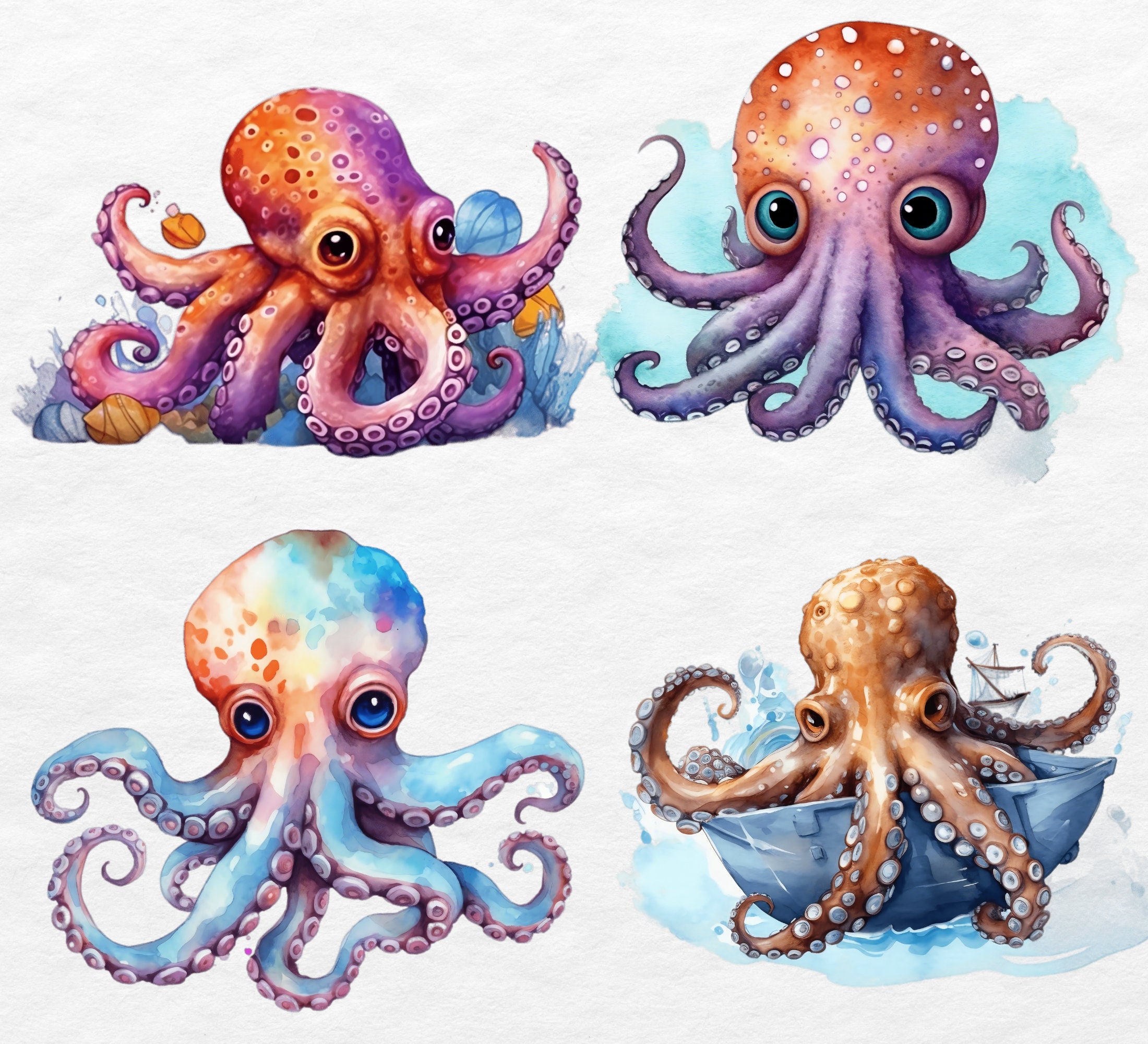 Octopus Watercolor Clip Art Bundle Under the Sea Animals - Etsy