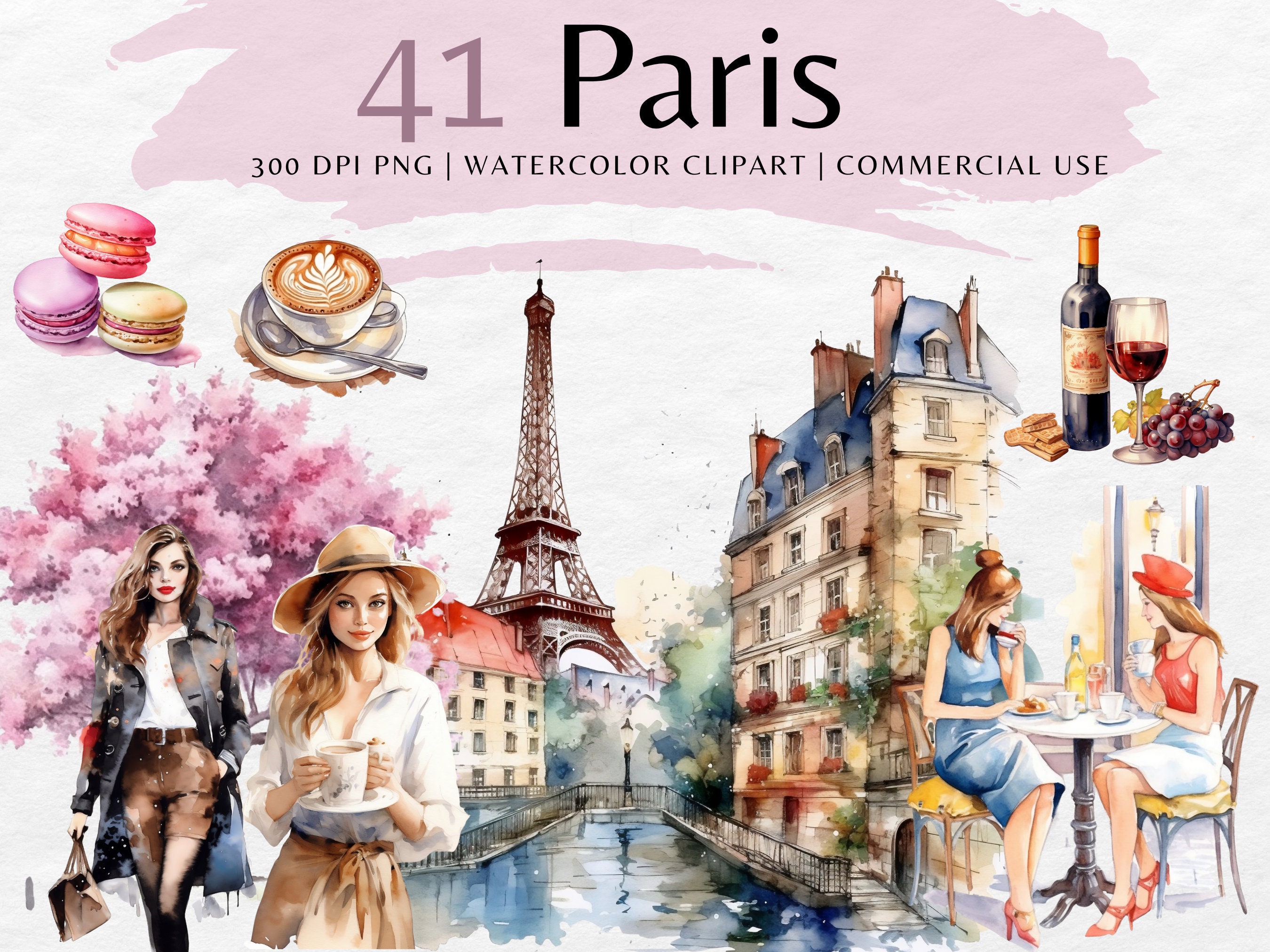 Paris Watercolor Clipart Bundle: Eiffel Tower, Cafe Scenes (instant ...