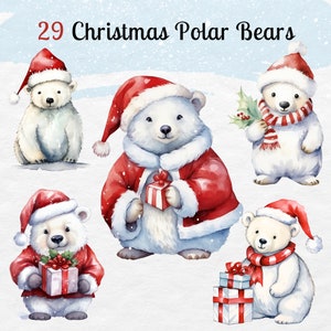Christmas Polar Bear Watercolor Clipart | Holiday PNG (commercial Use ...