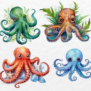 Octopus Watercolor Clip Art Bundle | Under the Sea Animals Clipart Png ...