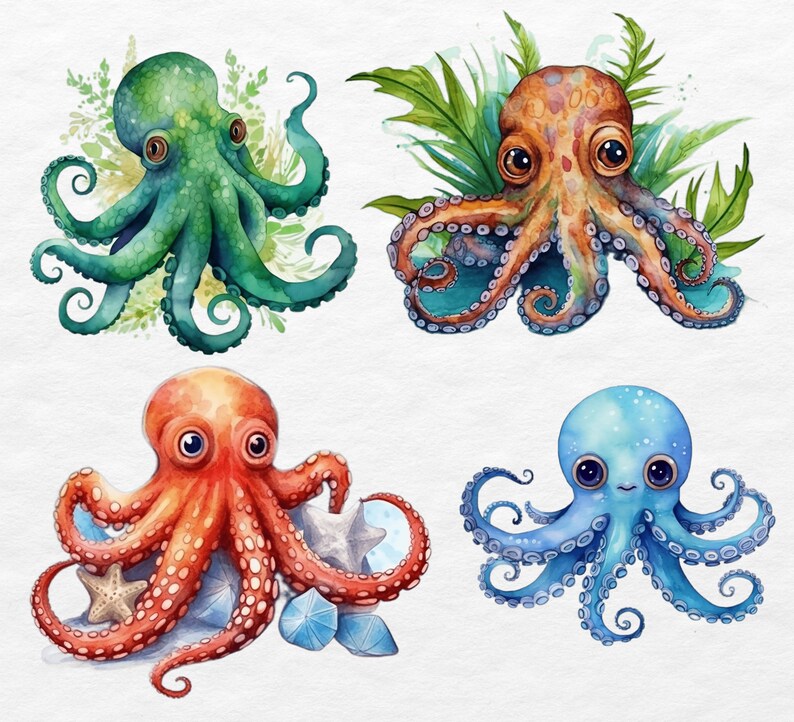 Octopus Watercolor Clip Art Bundle Under the Sea Animals - Etsy