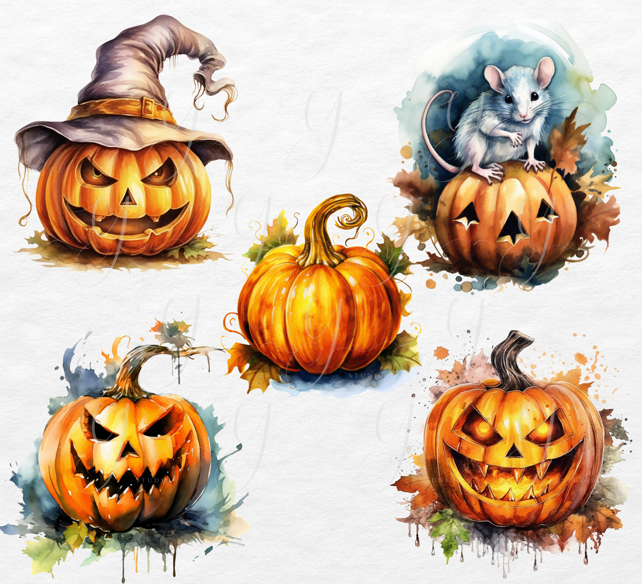 Halloween Clipart Halloween Pumpkin Watercolor Png Cat - Etsy