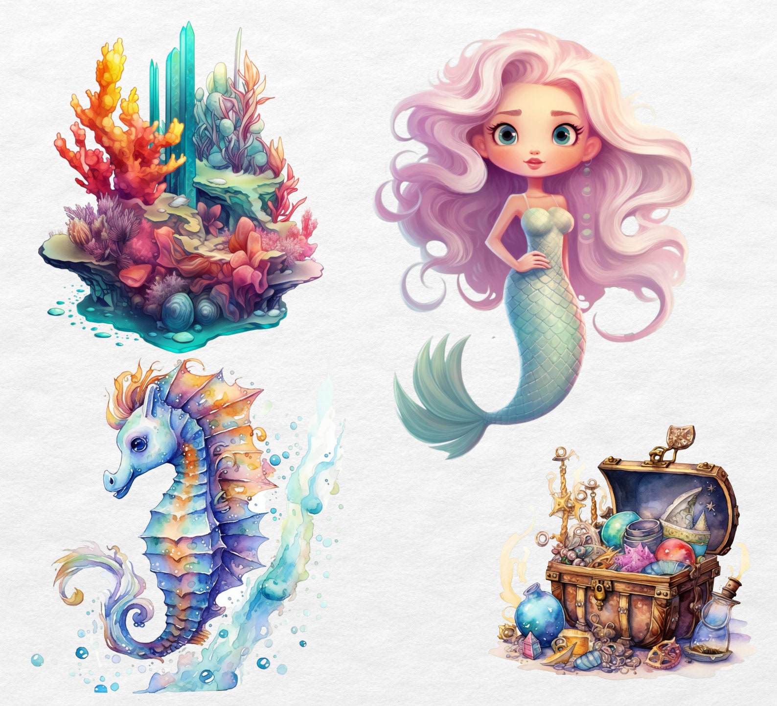 Mermaid Clipart Bundle | Watercolor Cute Mermaid Clipart Png | Sea Life ...