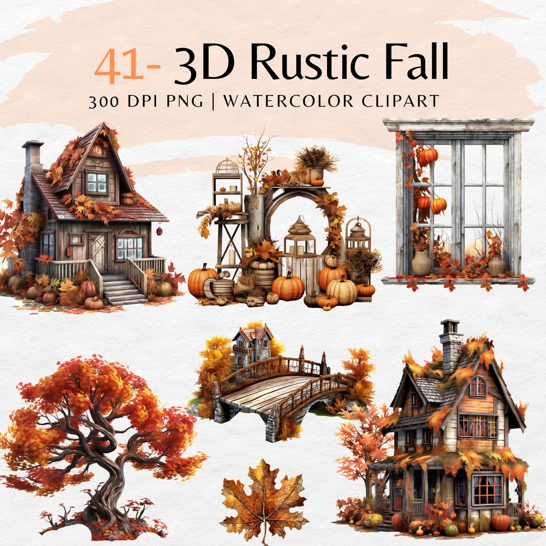 Rustic Fall 3D Clipart |leaves and Trees, Watercolor Png | Rustic Cabin ...