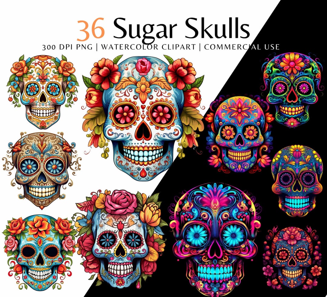 Sugar Skull Watercolor Clipart: Dia De Los Muertos PNG Bundle (digital ...