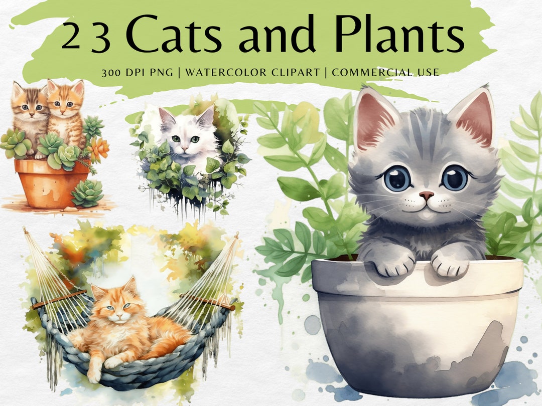 Cats and Plants Watercolor Clip Art Bundle | Cute Cat and Kitten ...