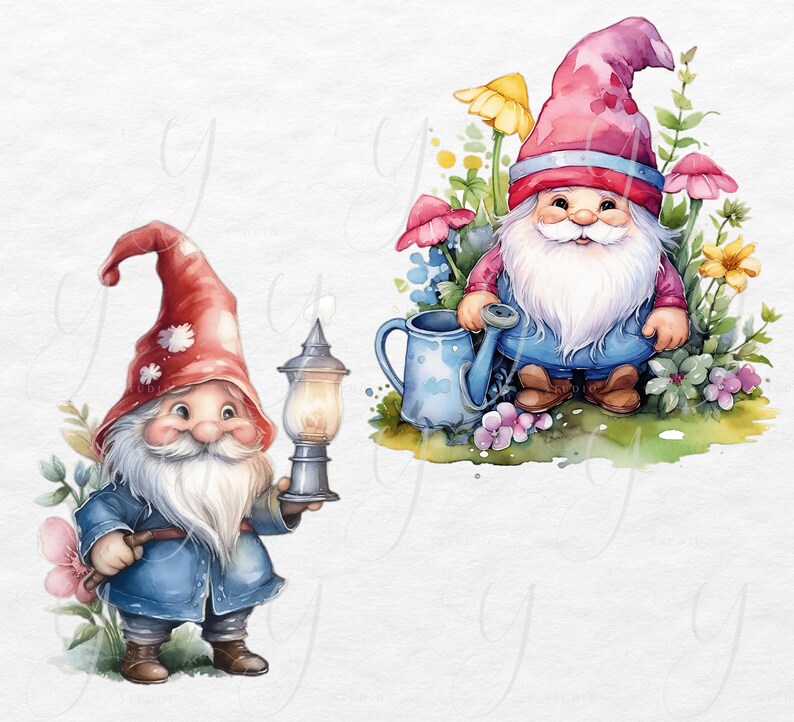 Garden Gnomes Clipart Watercolor Bundle | Whimsical Fantasy Floral Png ...