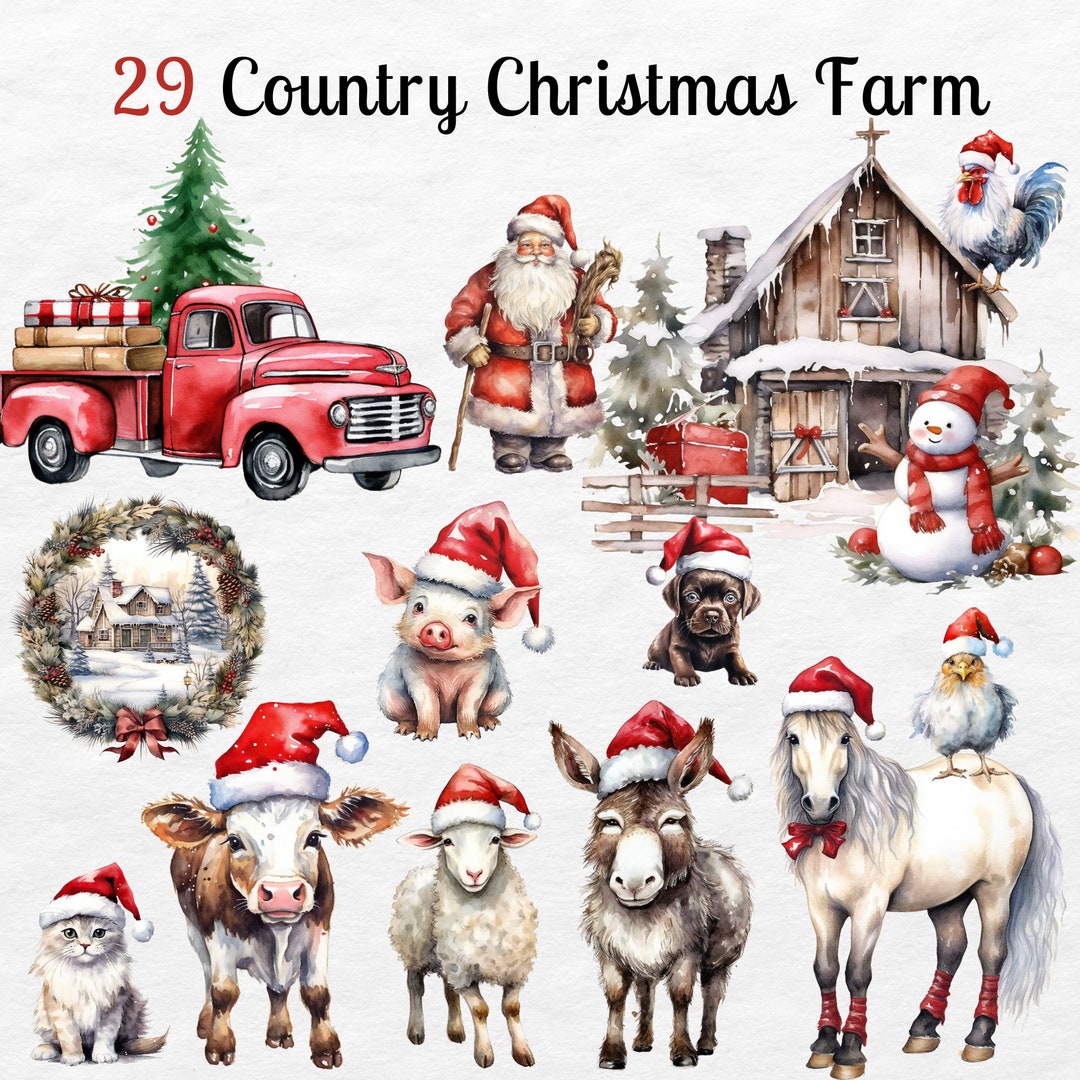 Country Christmas Clipart Bundle Png, Cozy Christmas Farm Clipart ...