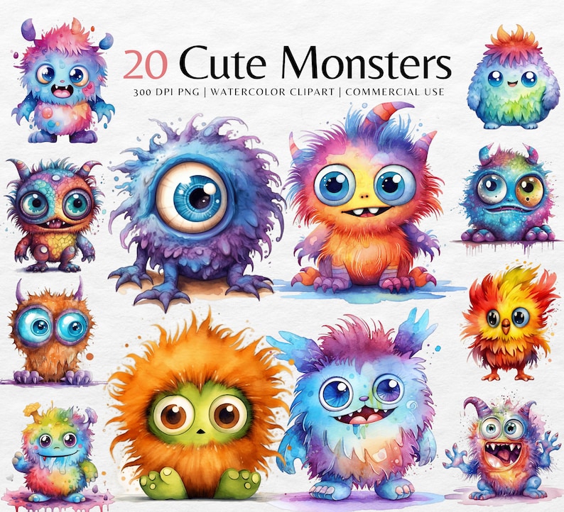 Cute Monster Clipart Watercolor Bundle | Fantasy Monsters Png | Instant ...