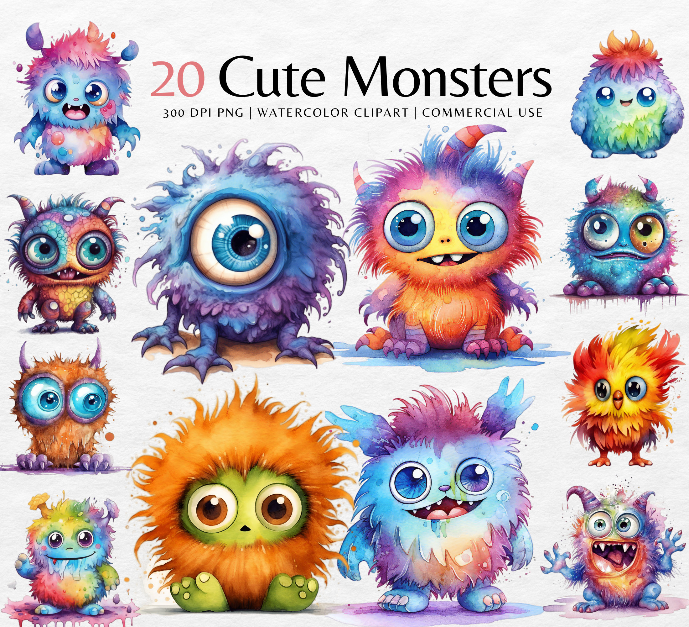 Cute Monster Clipart Watercolor Bundle Fantasy Monsters Png Instant ...