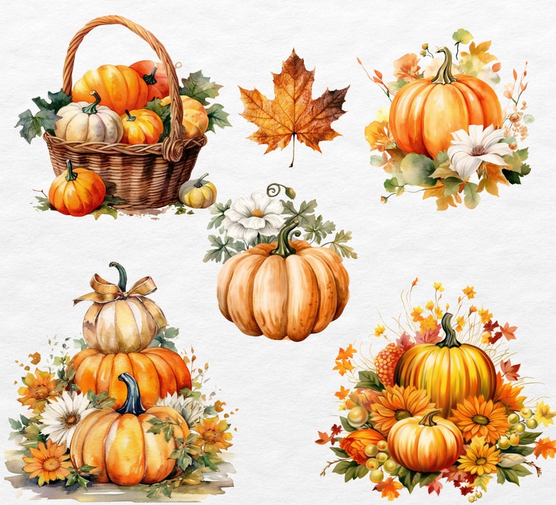 Watercolor Pumpkin Clipart: Fall Leaves PNG Bundle (digital Download ...