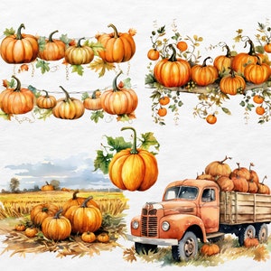 Watercolor Pumpkin Clipart: Fall Leaves PNG Bundle (digital Download ...