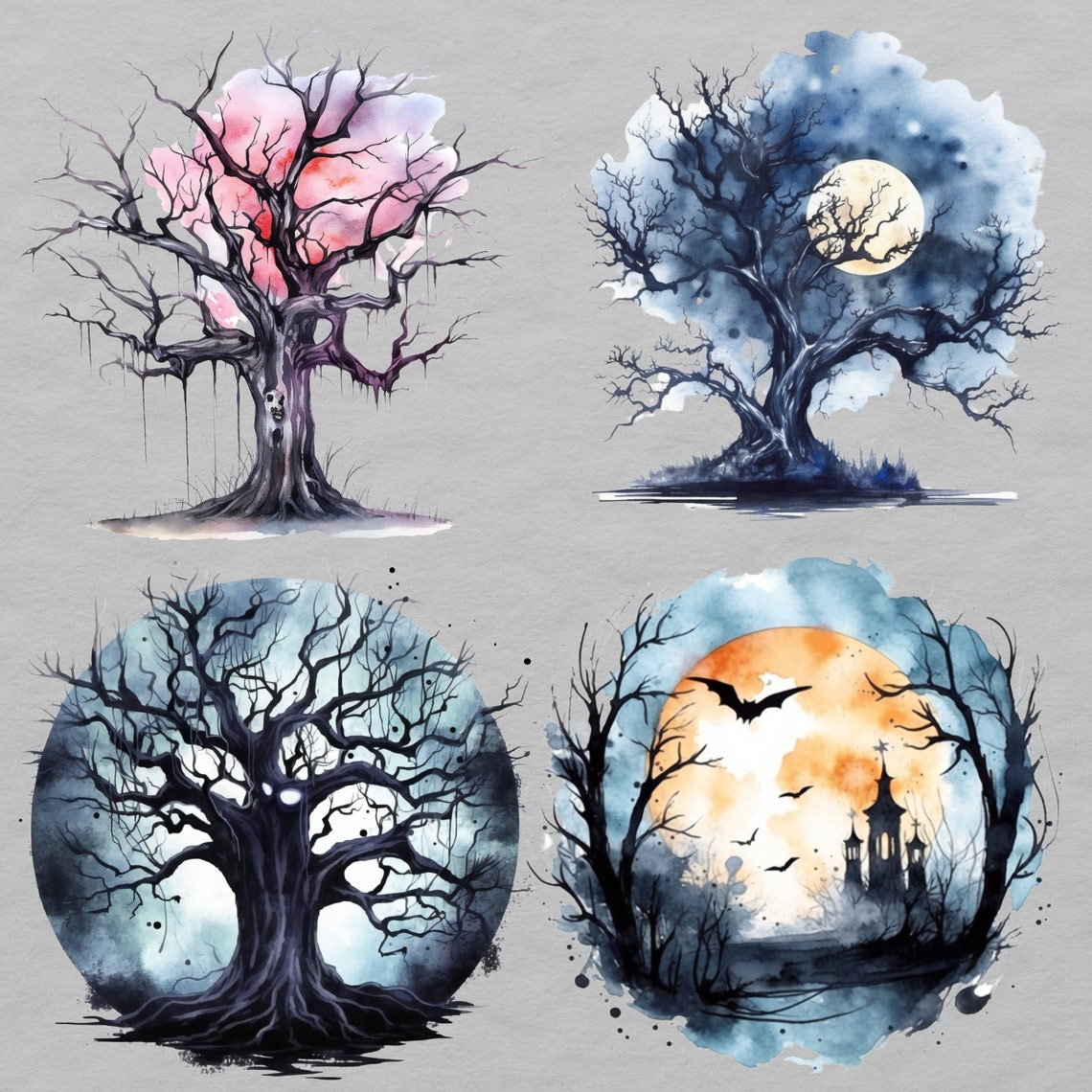 Halloween Trees Clipart | Haunted Trees Watercolor Png | Spooky ...