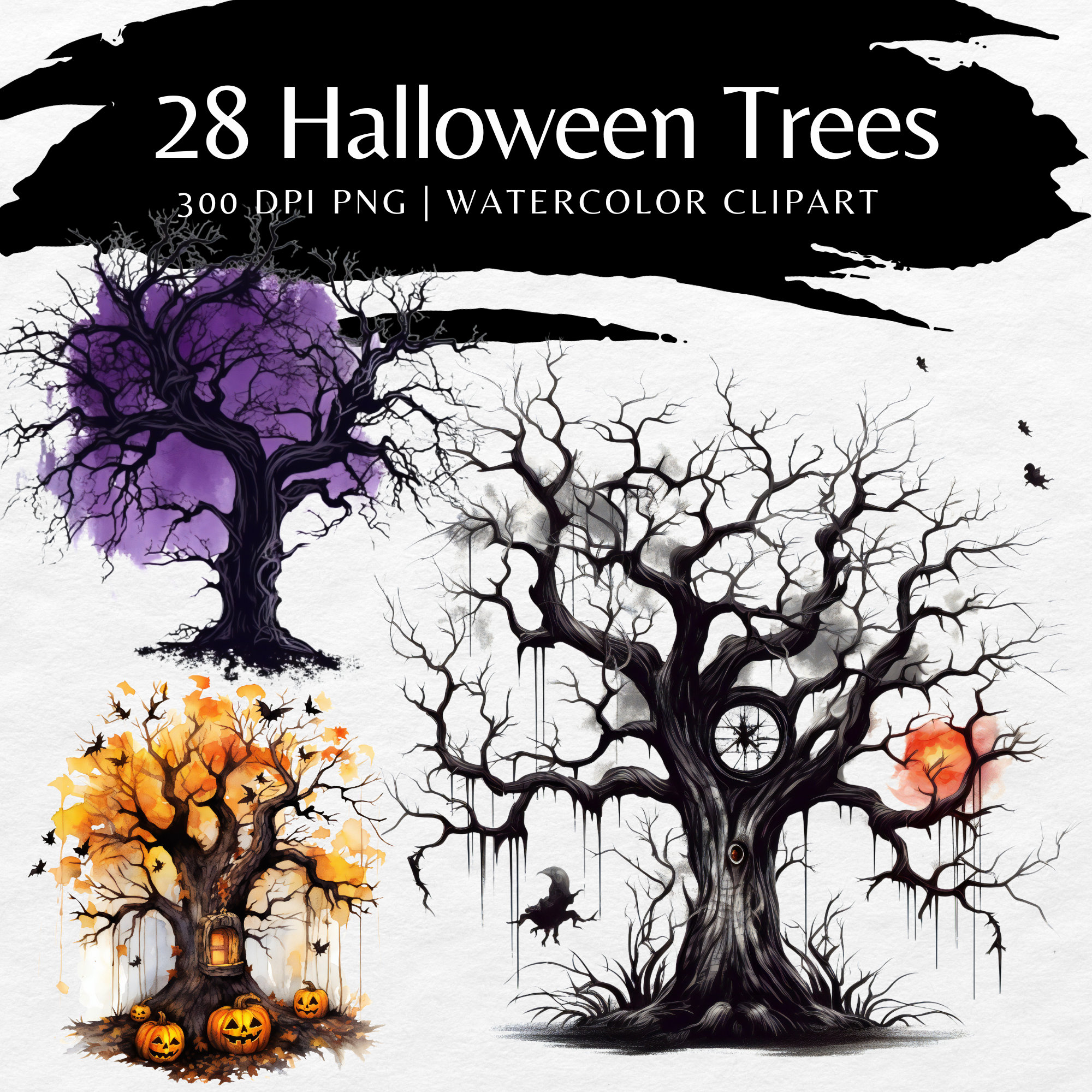 Halloween Trees Clipart | Haunted Trees Watercolor Png | Spooky ...