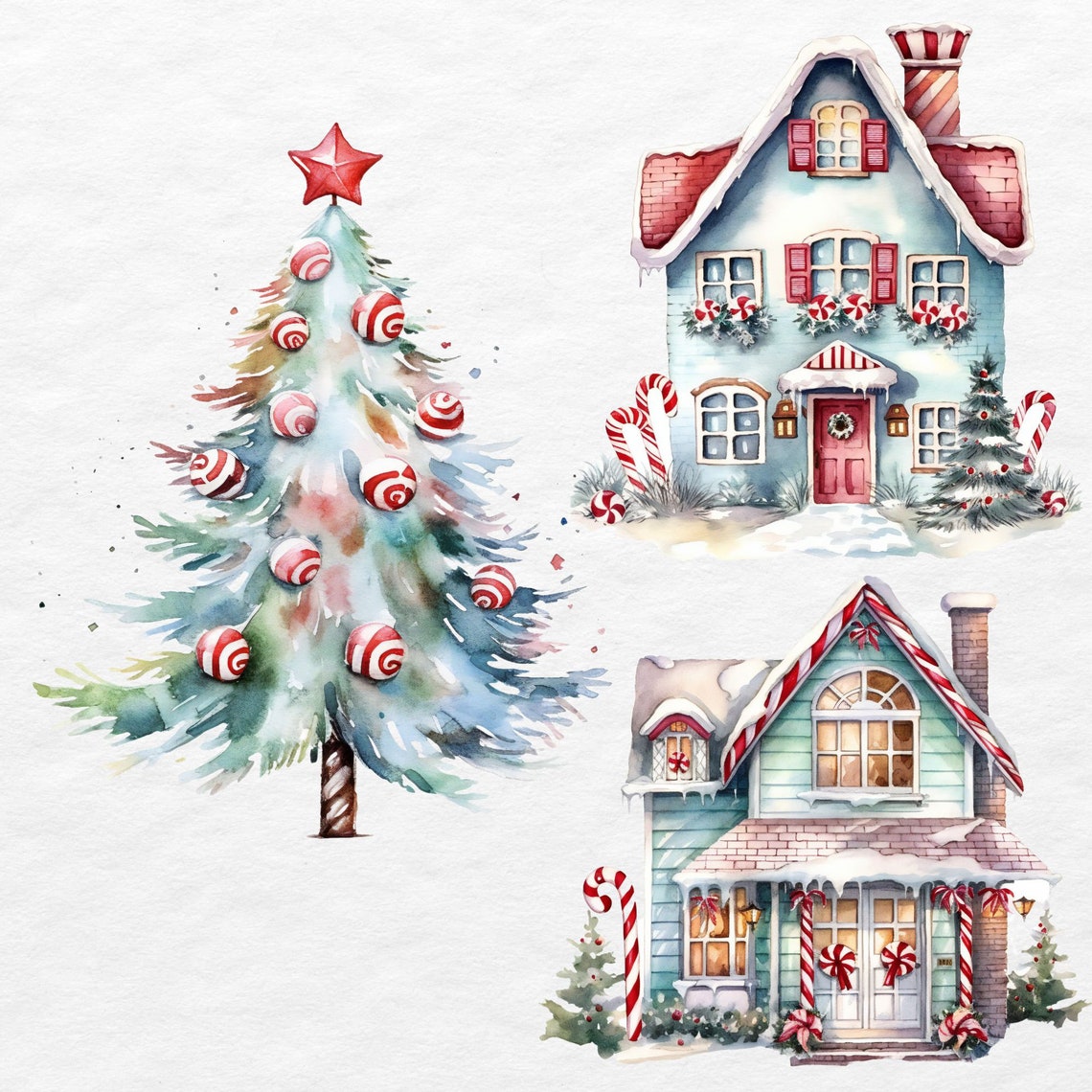 Watercolor Christmas Candy Cane Village Clipart Bundle (digital ...