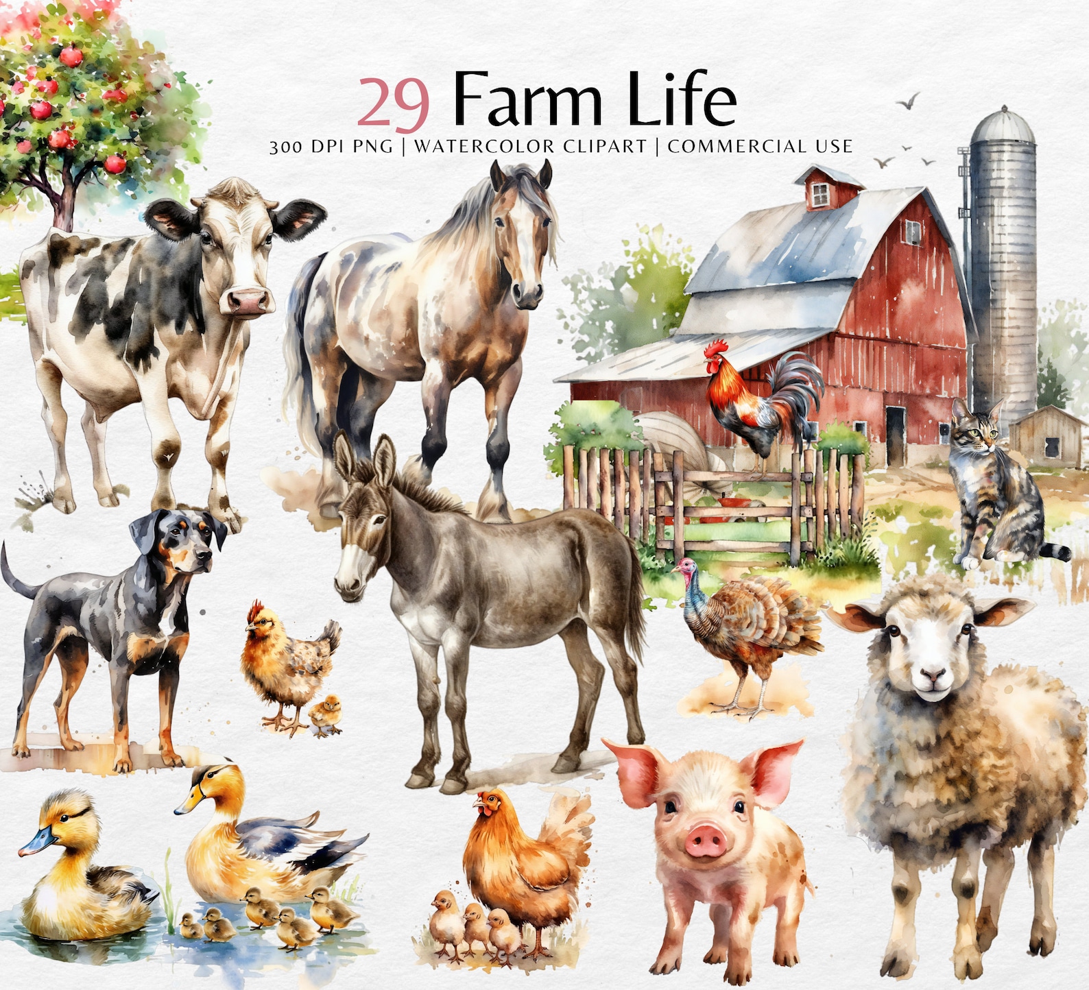 Farm Animals Watercolor Clip Art Bundle Cute Animals Clipart Png Farm ...
