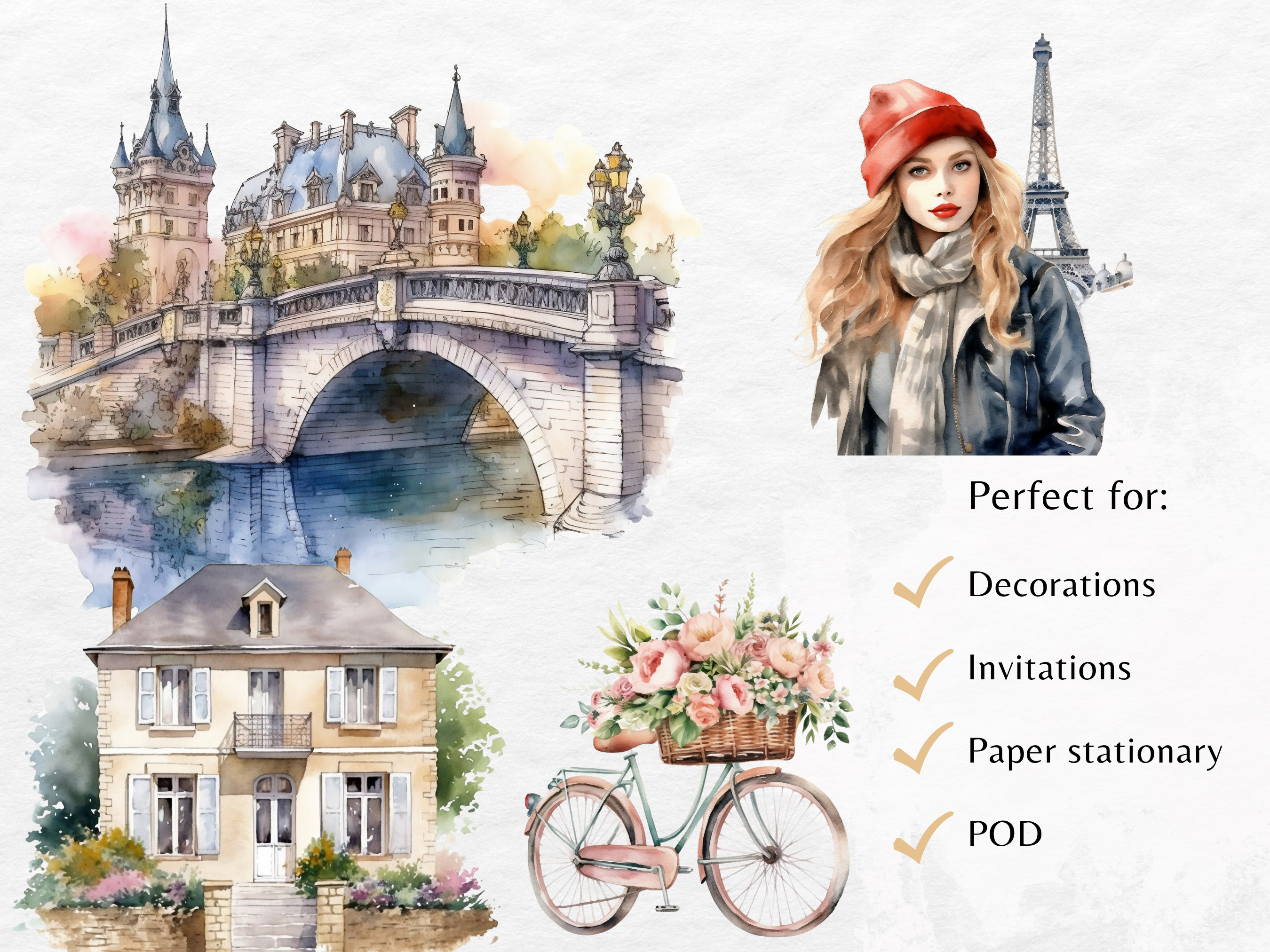 Paris Watercolor Clipart Bundle: Eiffel Tower, Cafe Scenes (instant ...