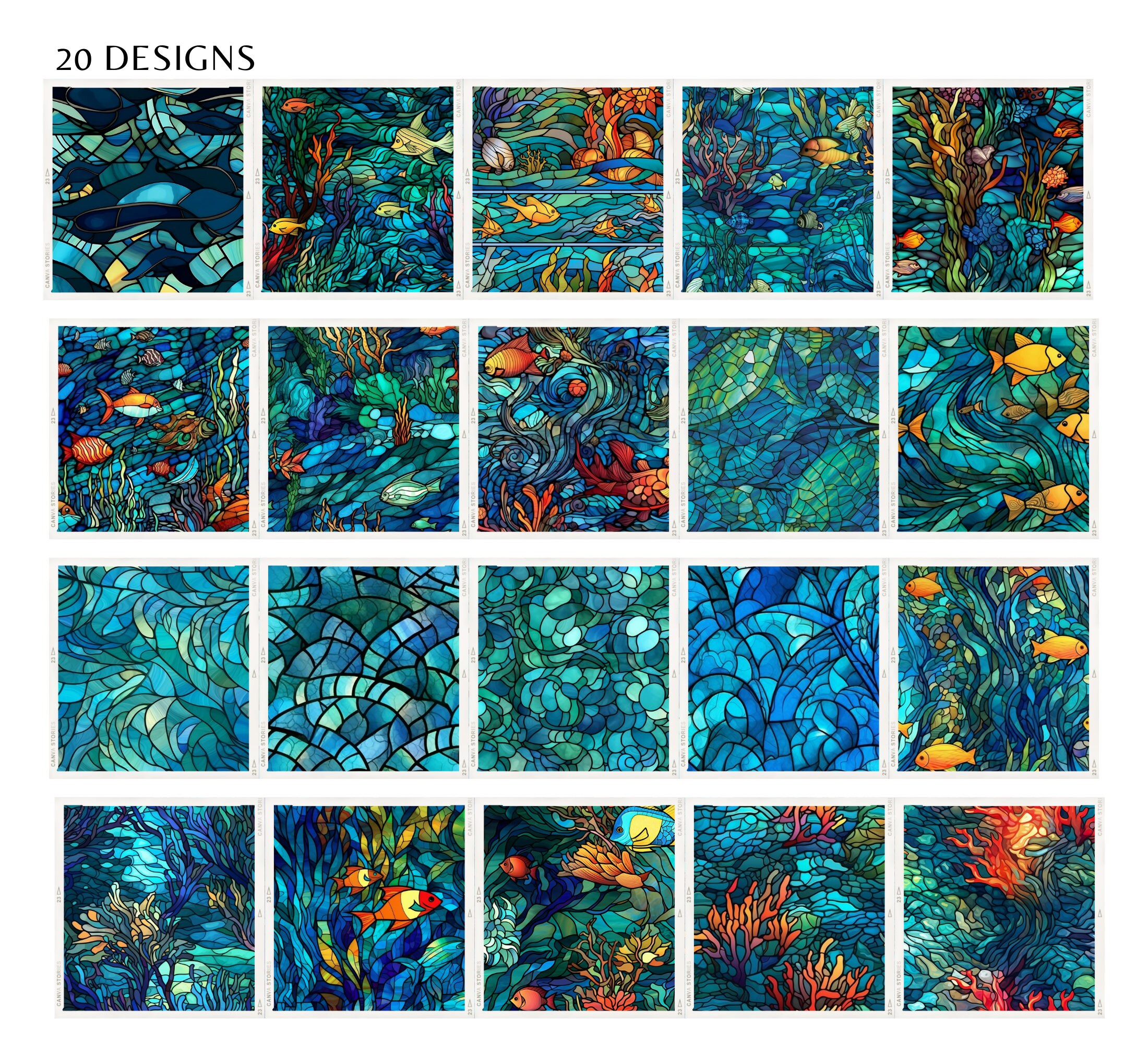 Ocean Stained Glass Pattern Bundle PNG Seamless Patterns Under the Sea ...