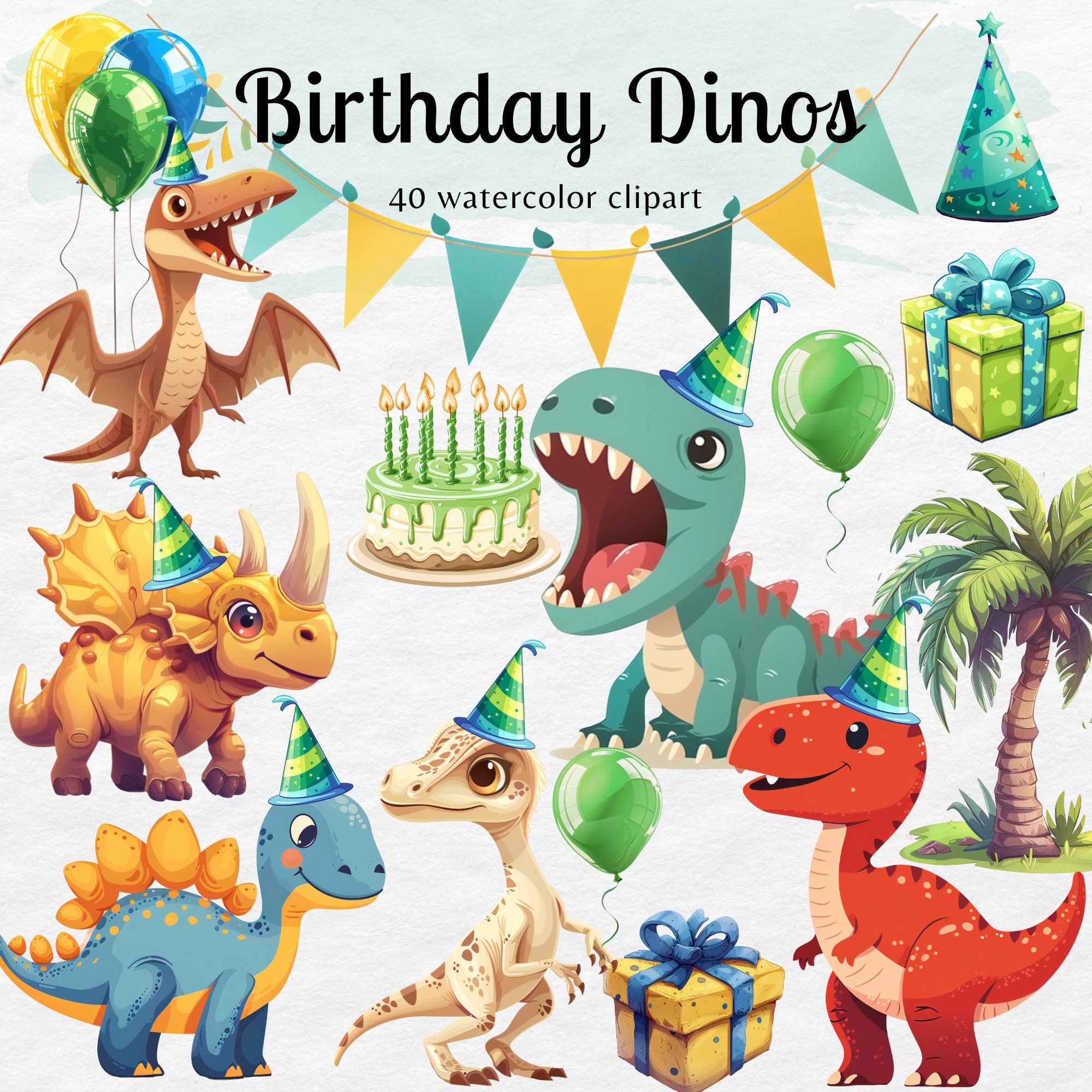 Cute Dinosaur Birthday Clipart Watercolor Boho, Baby, Dino Png ...