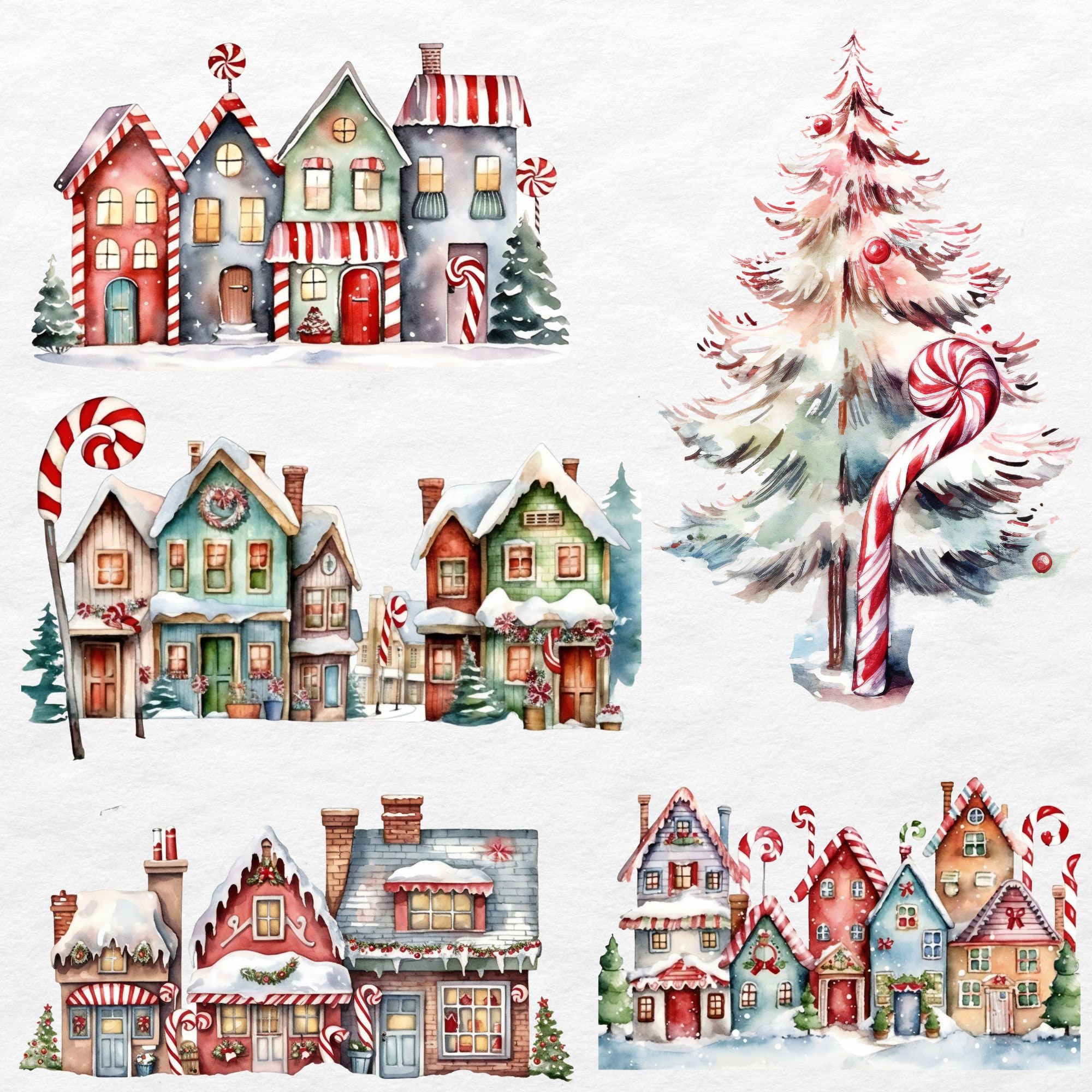Watercolor Christmas Candy Cane Village Clipart Bundle (digital ...