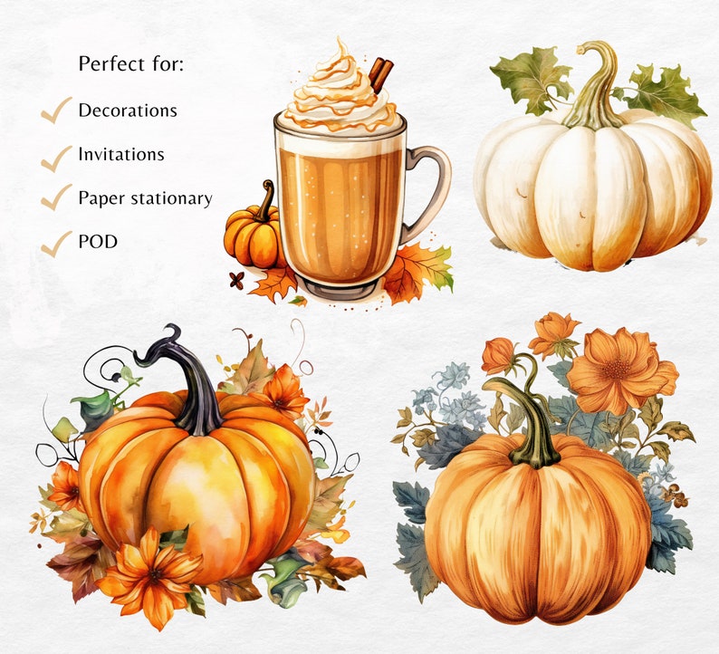 Watercolor Pumpkin Clipart: Fall Leaves PNG Bundle (digital Download ...