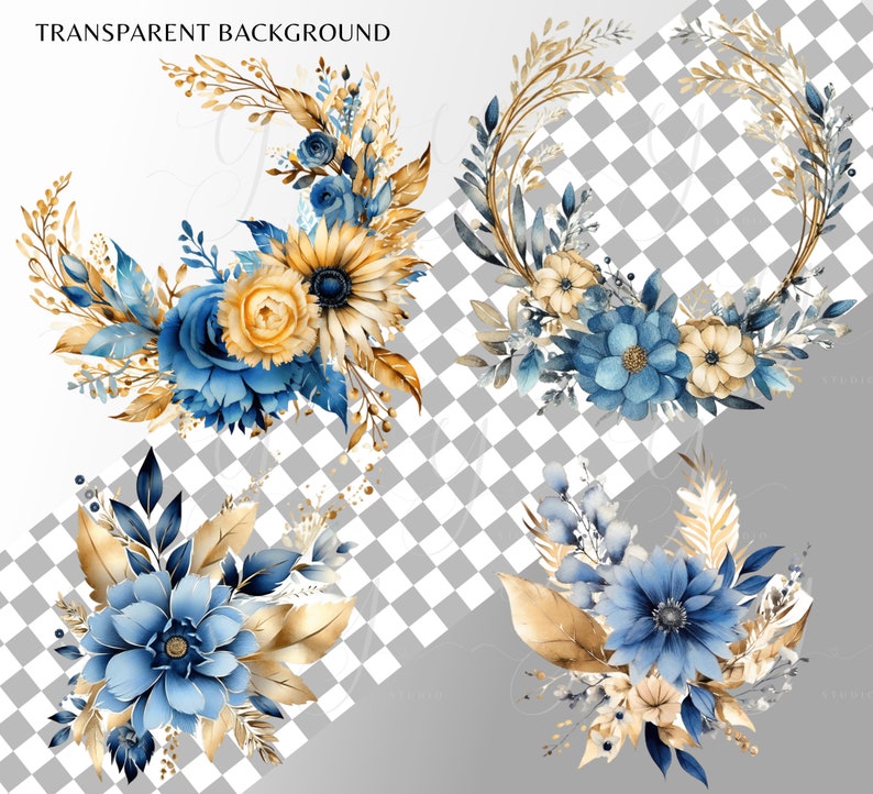 Boho Blue Gold Flowers Clipart Bundle Watercolor Wedding - Etsy