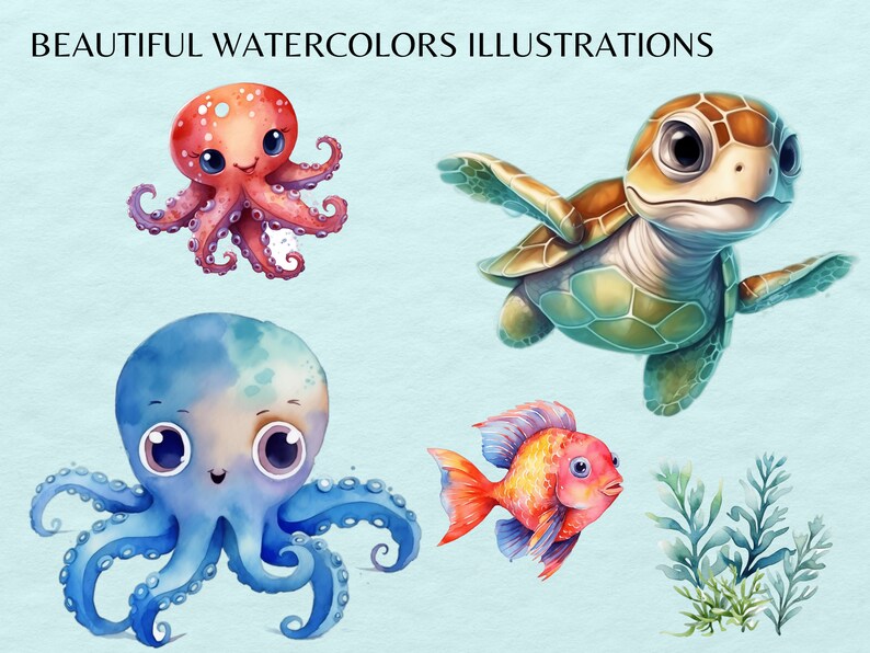 Cute Under the Sea Animals Watercolor Clip Art Bundle | Sea Animals ...