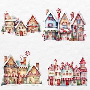 Watercolor Christmas Candy Cane Village Clipart Bundle (digital ...