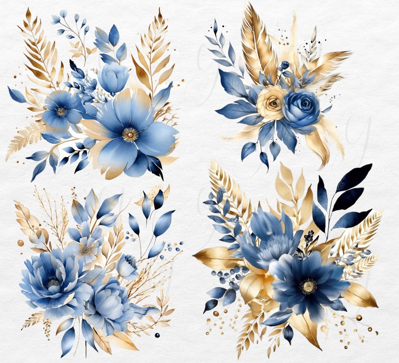 Boho Blue Gold Flowers Clipart Bundle Watercolor Wedding - Etsy
