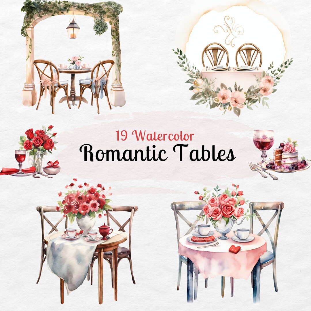 Romantic Clipart Dinner Tables Watercolor Bundle | Valentines Png ...
