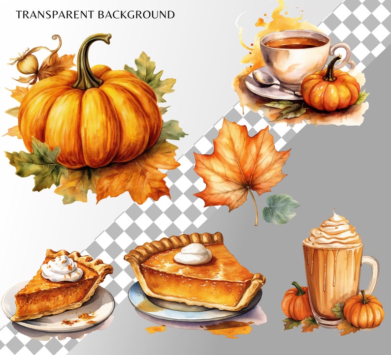 Watercolor Pumpkin Clipart: Fall Leaves PNG Bundle (digital Download ...