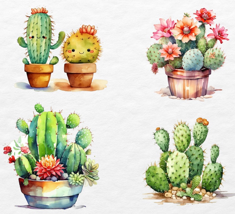 Cactus Watercolor Clipart Bundle Desert Cacti Png Instant - Etsy