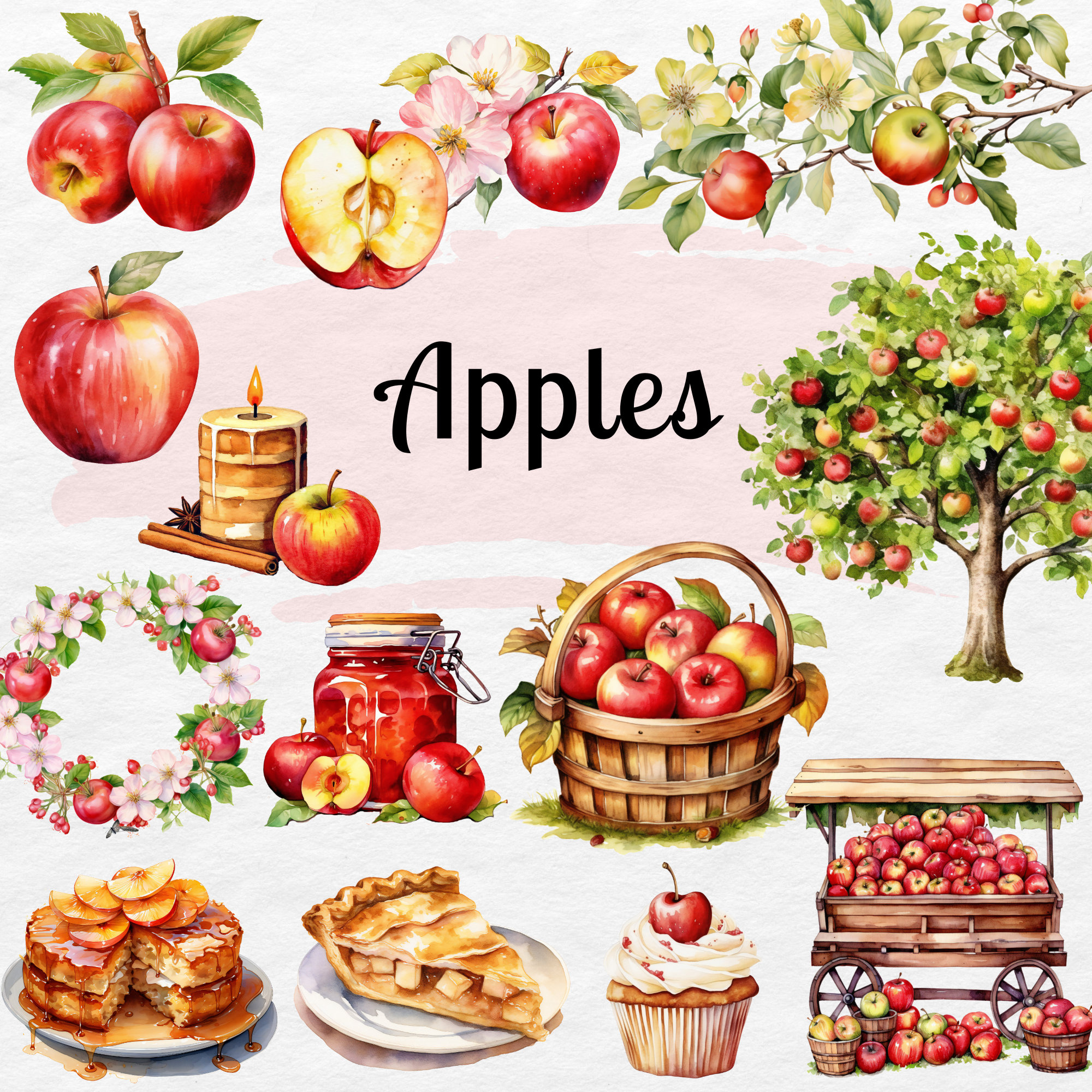 Apple Watercolor Clipart Bundle Fruit Clipart Apple Picking Clipart ...