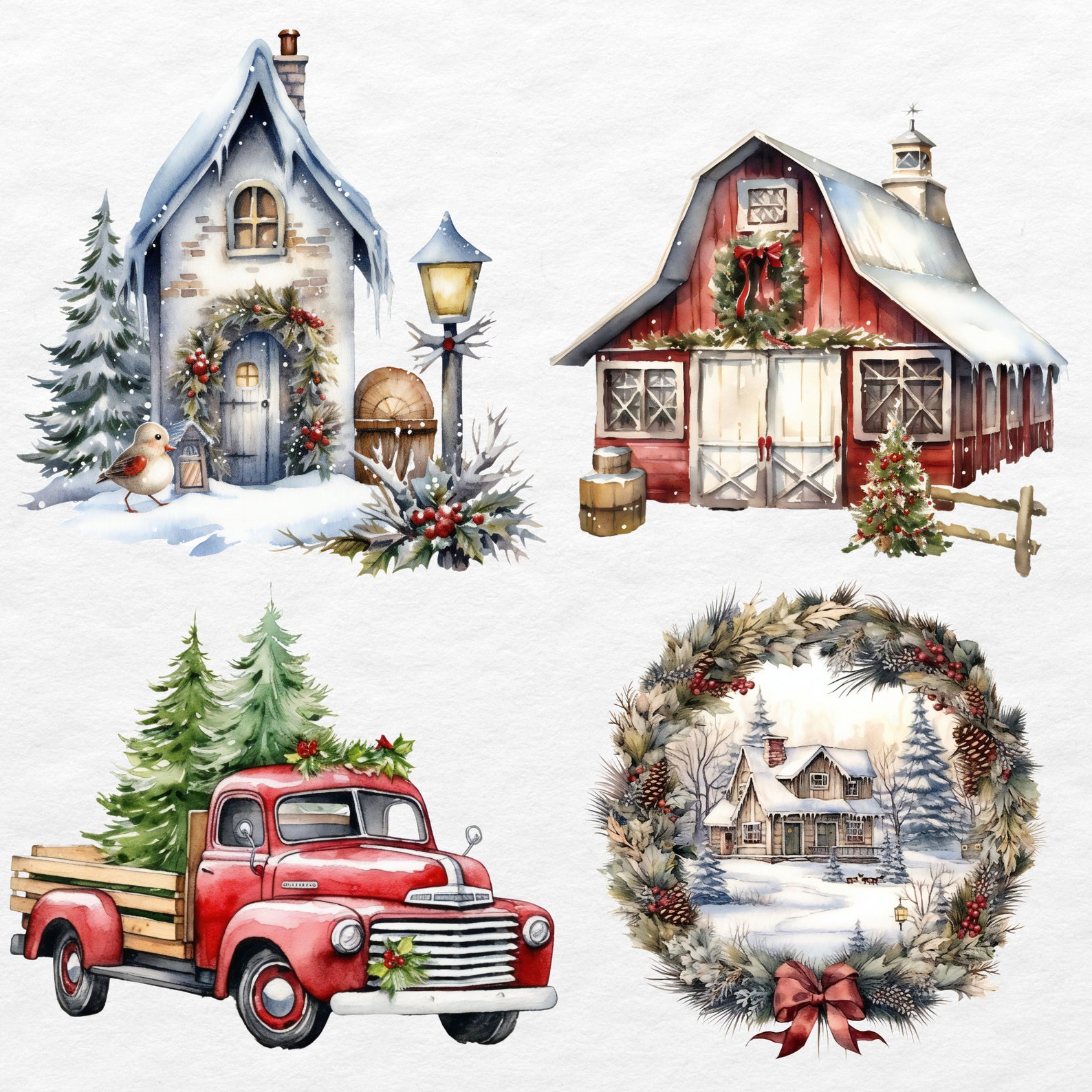 Watercolor Country Christmas Clipart Bundle: Farm Animals, Santa ...