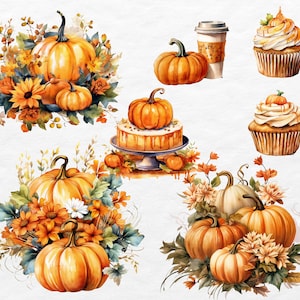 Watercolor Pumpkin Clipart: Fall Leaves PNG Bundle (digital Download ...