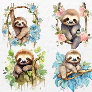 Watercolor Sloth Clipart Bundle With Flowers Png, Digital Download ...
