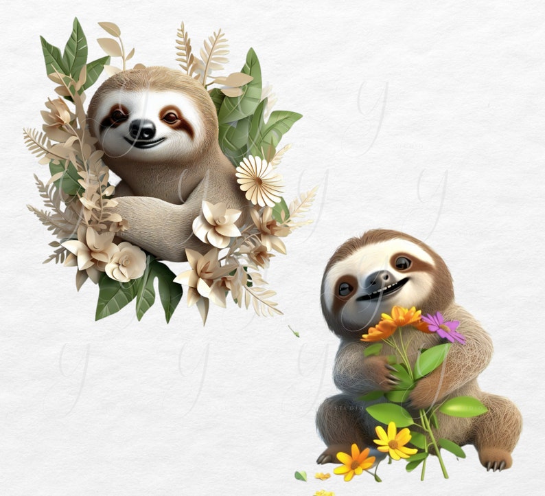 3D Sloth Clipart Bundle: Watercolor Flowers PNG (digital Download) - Etsy