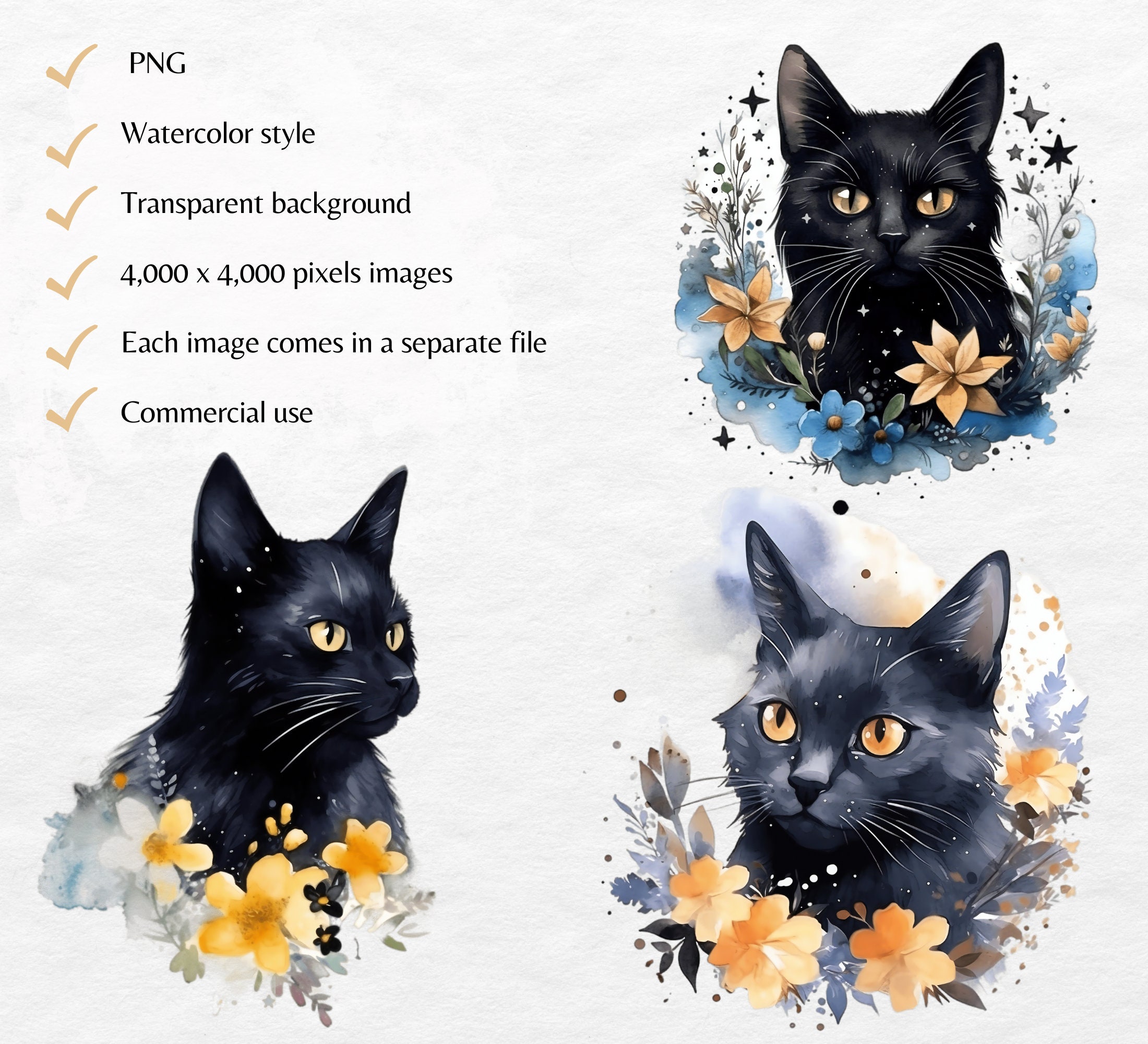Fantasy Black Cat Watercolor Clipart: Halloween Whimsical PNG Images ...