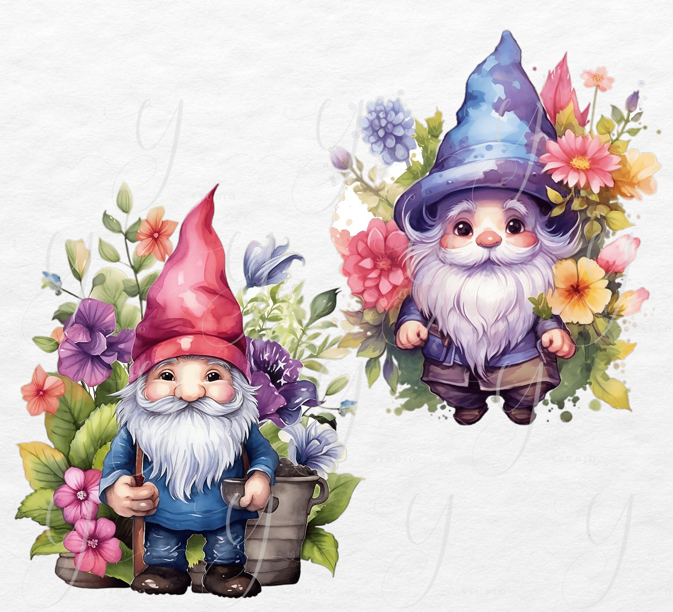 Garden Gnomes Clipart Watercolor Bundle Whimsical Fantasy - Etsy