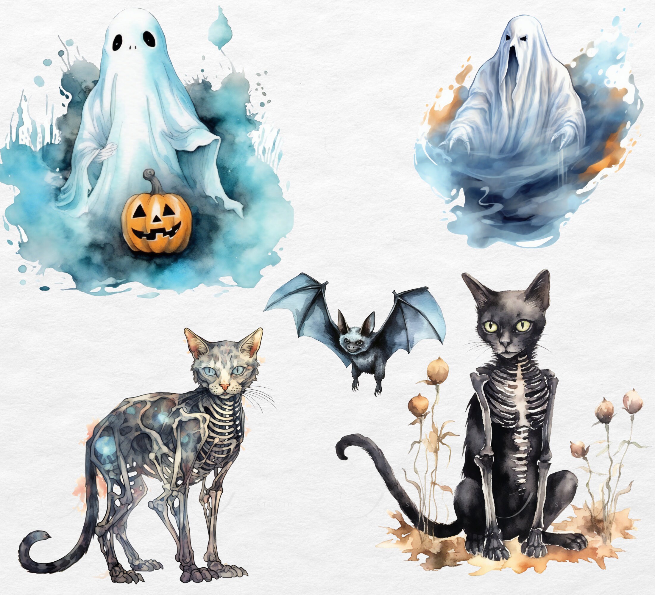 Halloween Clipart Halloween Pumpkin Watercolor Png Cat - Etsy