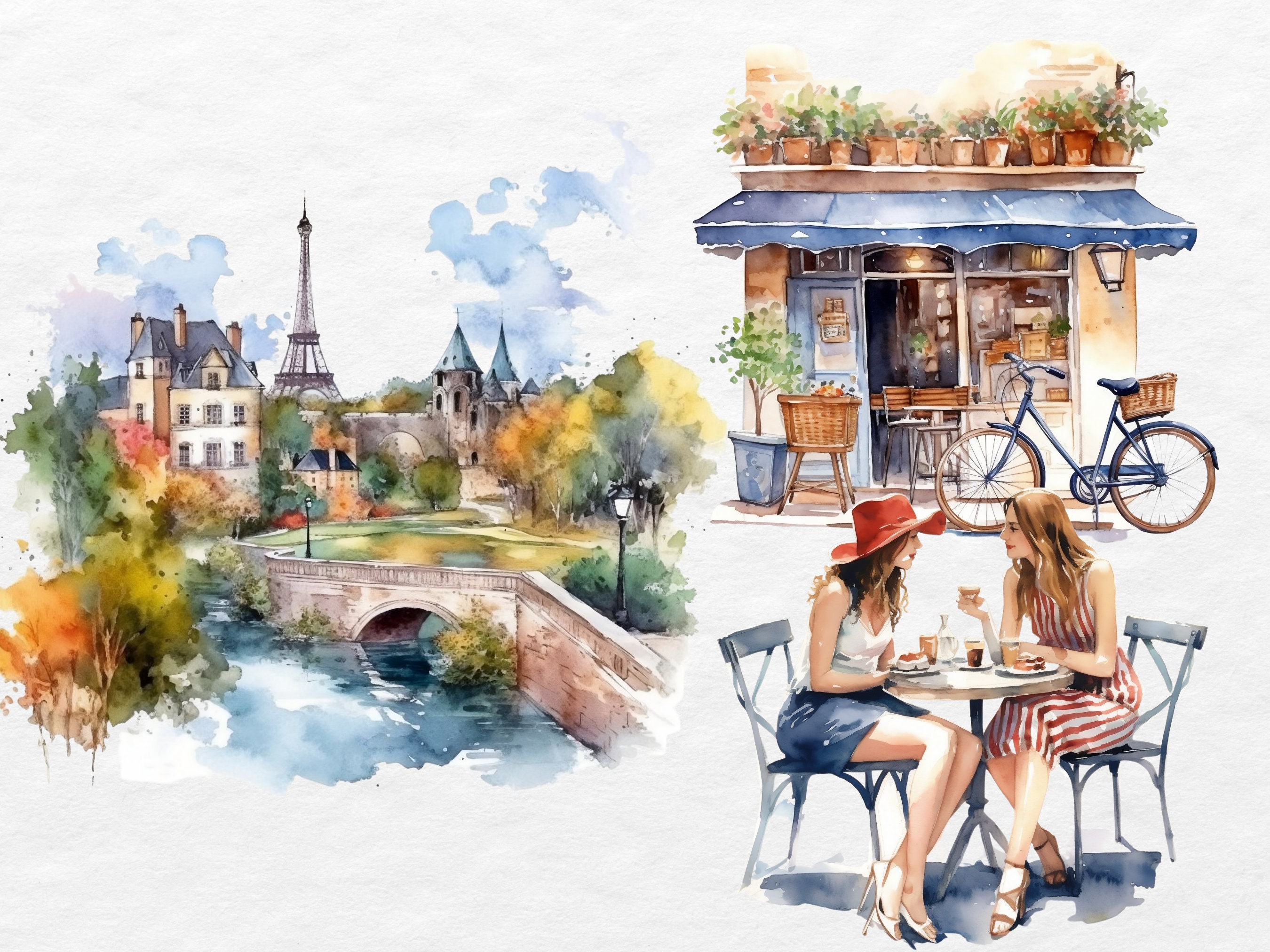 Paris Watercolor Clipart Bundle: Eiffel Tower, Cafe Scenes (instant ...