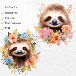 Watercolor Sloth Clipart Bundle With Flowers Png, Digital Download ...
