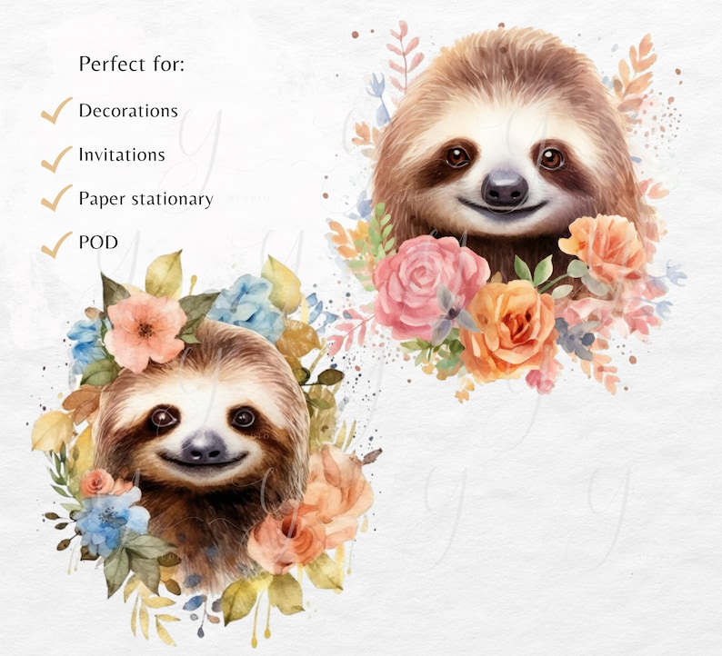 Watercolor Sloth Clipart Bundle With Flowers Png, Digital Download ...