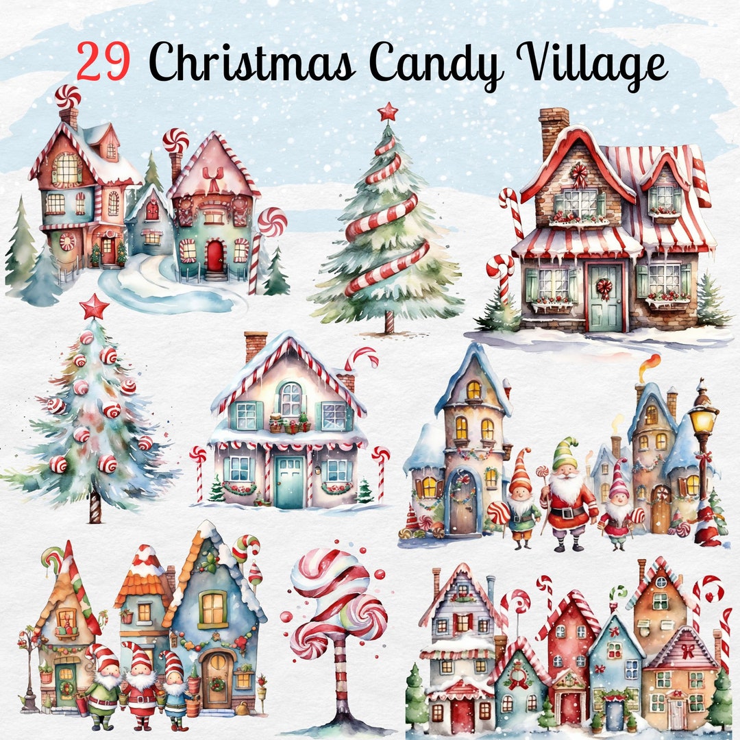 Watercolor Christmas Candy Cane Village Clipart Bundle (digital ...