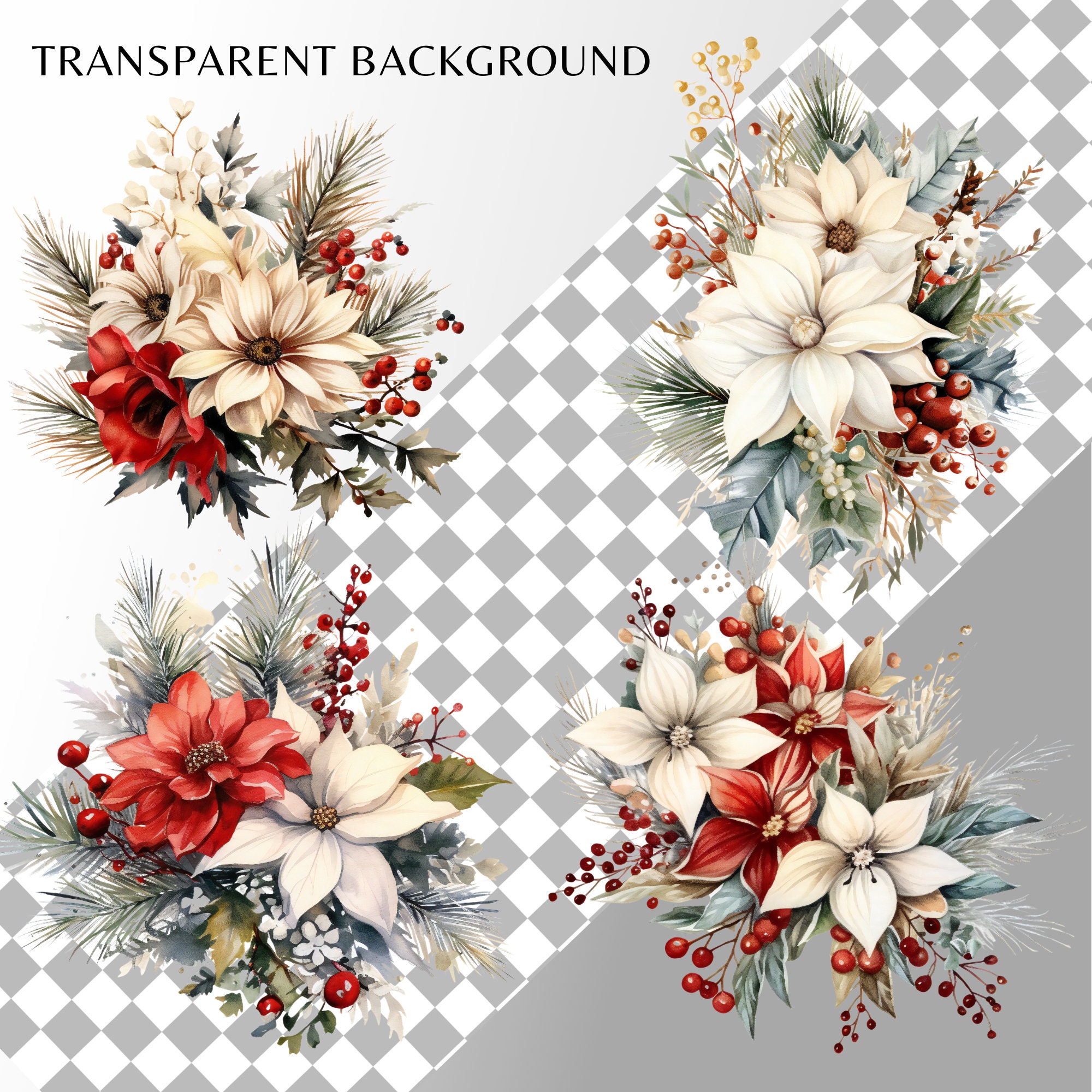 Christmas Flowers Watercolor Clipart Cute Christmas Png - Etsy