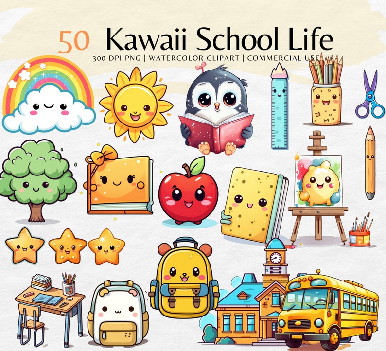 Kawaii School Clipart: Watercolor PNG Bundle (commercial Use) - Etsy Canada